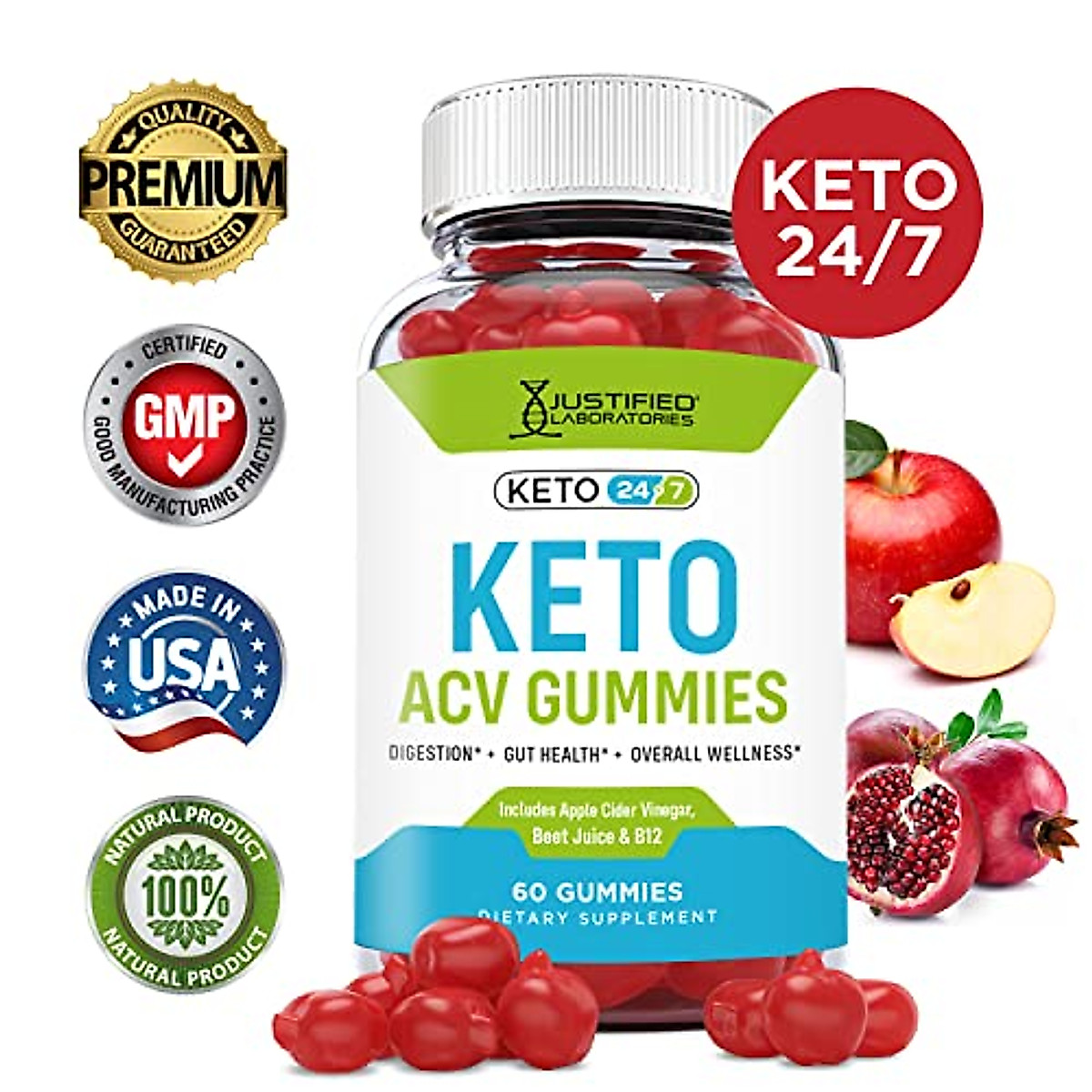 Justified Laboratories (3 Pack) Keto 24/7 ACV Gummies 1000MG with Pomegranate Juice Beet Root B12 180 Gummys