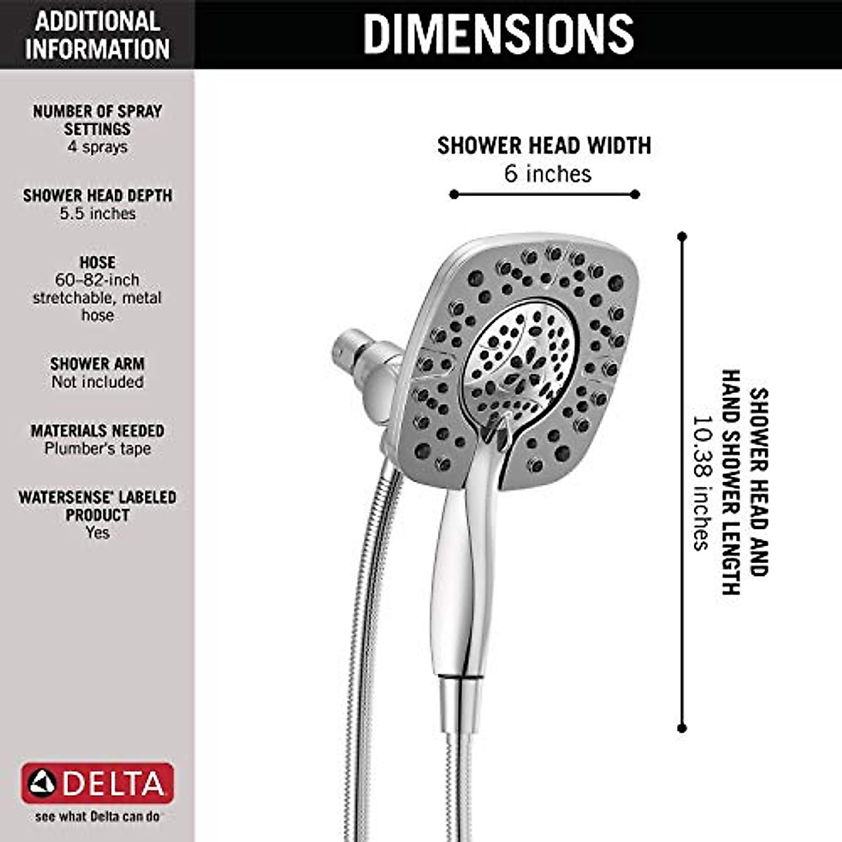 Delta Faucet-4-Spray In2ition Dual Shower Head with Handheld Spray, Chrome Shower Head with Hose, Showerheads & Handheld Showers, Handheld Shower Heads, Detachable Shower Head, Chrome 58498