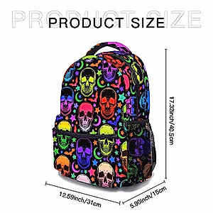 oallpu Colorful Skull Backpack, Stylish Shoulders Backpack Lightweight Durable Skull Daypack Cool Laptop Bag, 17inch Classic Backpack (Colorful Skull)