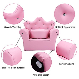 Costzon Kids Sofa, Children Upholstered Sofa with Ottoman, Princess Sofa with Diamond Decoration, Smooth PVC Leather Toddler Chair, Kids Couch for Boys and Girls, Gift for Toddlers (Pink)