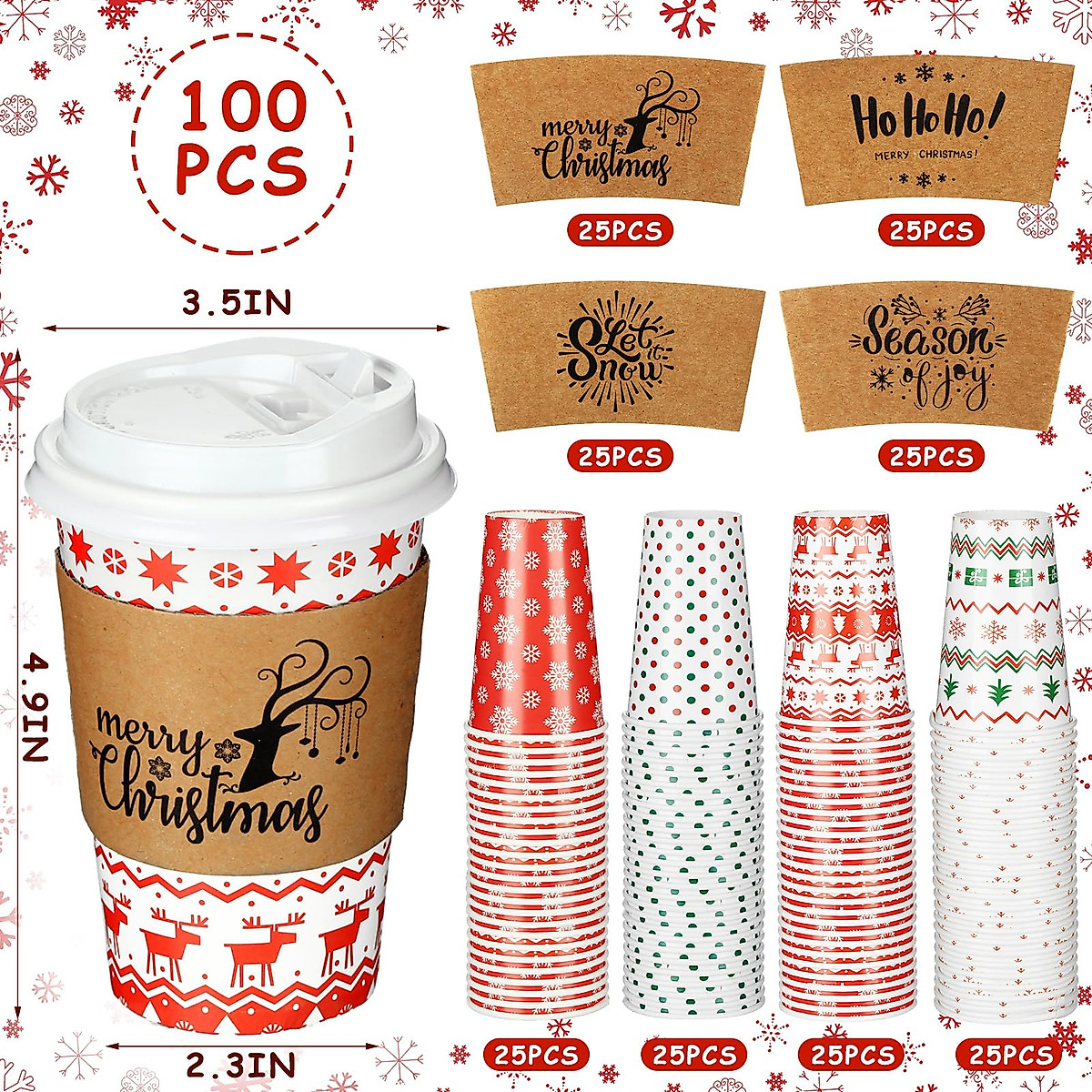 Suttmin 300 Pcs Christmas Disposable Coffee Cups with Lids and Sleeves 12 Oz Christmas Paper Cups Christmas Drinking Cups Hot Cocoa Chocolate Cups Party for Xmas Holiday Daily Holiday (Classic Style)