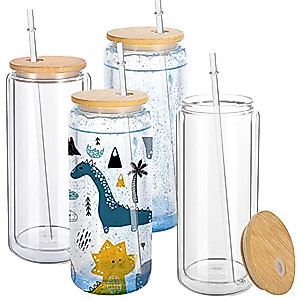 YOUKE OLA 4 Pack Double Wall Glass Cans Blank with Bamboo Lid & Straws, Pre Drilled Beer Can Glass for Snow Globe glitter (Clear 16oz