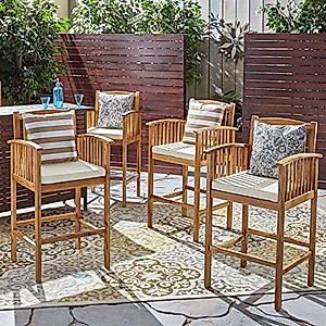 Christopher Knight Home Gill Acacia Patio Bar Stools, 46", Bar-Height, Acacia Wood, Natural Stain with Cream Cushions (Set of 4)
