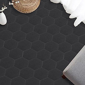 Peel and Stick Floor Tile, 0.027 Inch Thick, Vinyl Flooring, Hexagon Tiles, Easy Cut and Install, Thin and Durable, Waterproof Floor Tile DIY for Bathroom, Solid Black (Covered 3.7 Sq.Ft /10 Pcs)