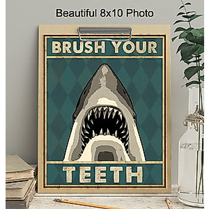 Boys Bathroom Wall Art & Decor - Brush Your Teeth Kids Bathroom Decor - Beach Bathroom Decor - Funny Shark Bathroom Decor - Bath Wall Decor - Unique Restroom Sign - Bathroom Pictures Poster Prints