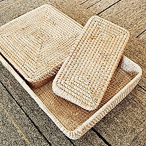 Set of 3 Handmade White Rattan Rectangle Serving Tray Washed White Wicker Serving Organizer Tabletop Fruit Platter with 2”Wall 14 Inch Decorative Bread Drinks Snack Storage Serving Basket Tray