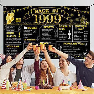 DARUNAXY 25th Birthday Black Gold Party Decoration, Back in 1999 Banner 25 Year Old Birthday Party Poster Supplies Vintage 1999 Backdrop Photography Background for Men & Women 25th Class Reunion Decor