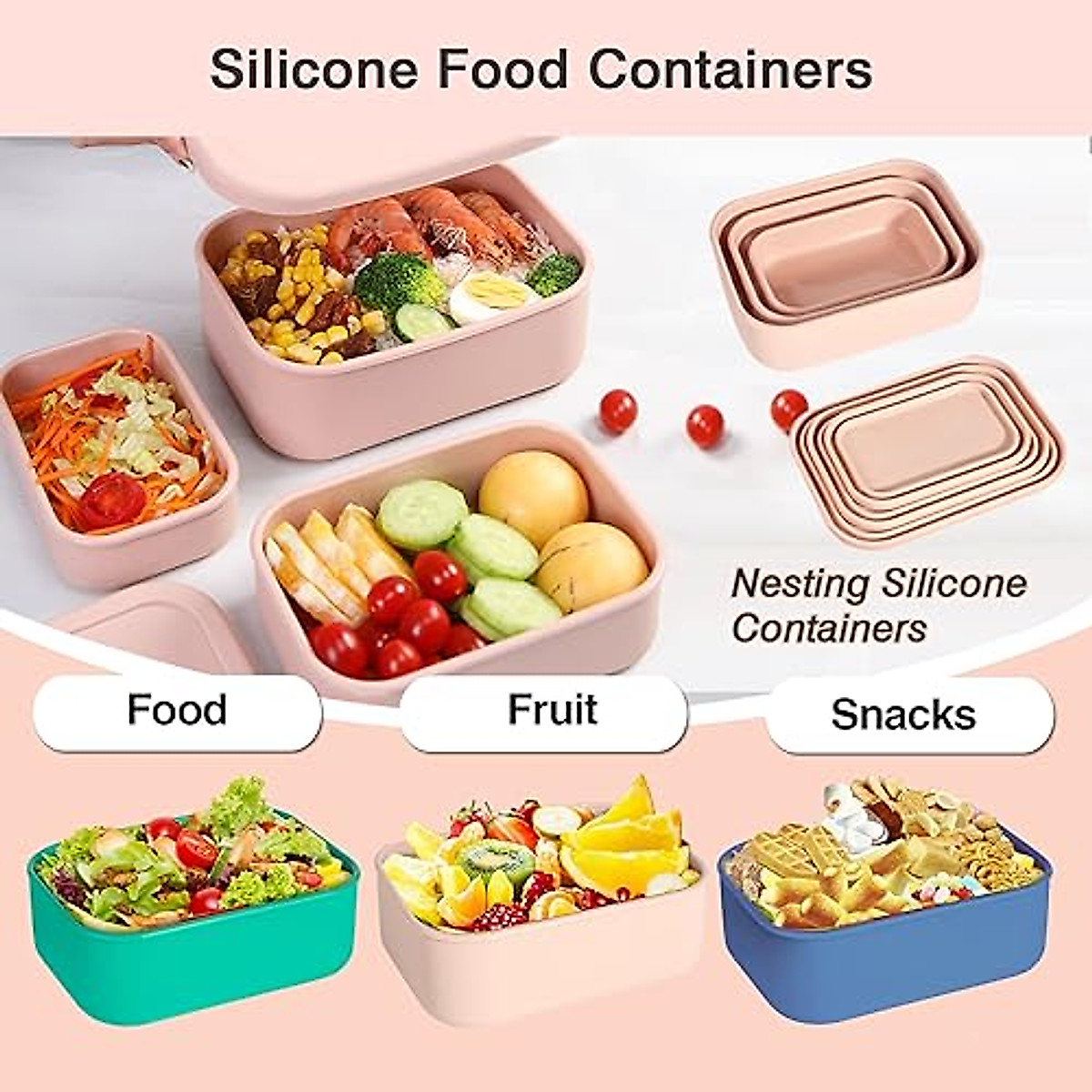 AROCFTIE Silicone Bento Box, Set of 3 Silicone Food Storage Containers with Lids, Hard-Shell Nesting Silicone Containers, Airtight, Dishwasher and Freezer Safe (10oz, 23.6oz, 44oz) (Pink)