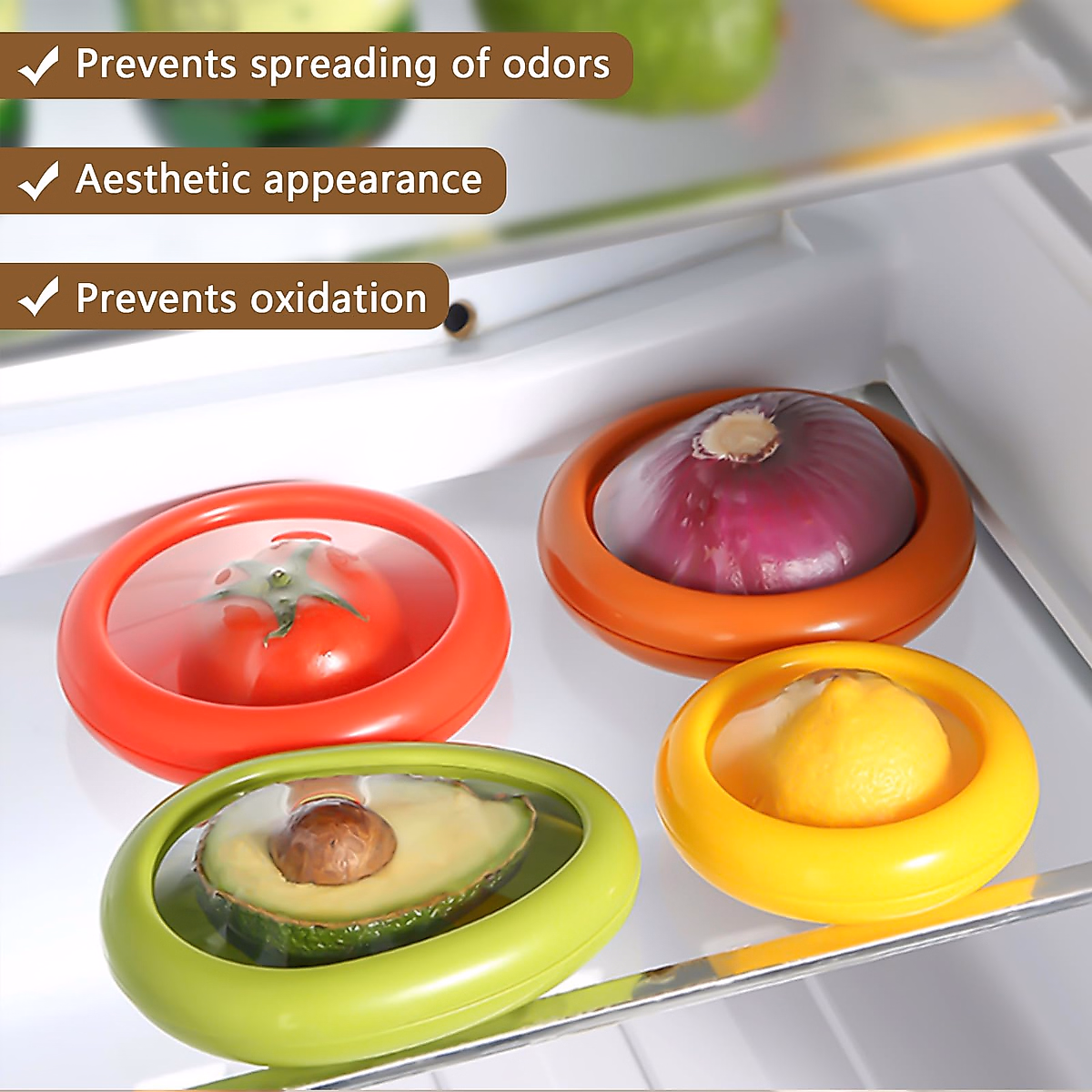 Saxialy Vibrant and Stylish Silicone Fruit Storage Containers - 4pcs Reusable Food Storage Boxes for Onion, Avocado, Tomato, Lemon