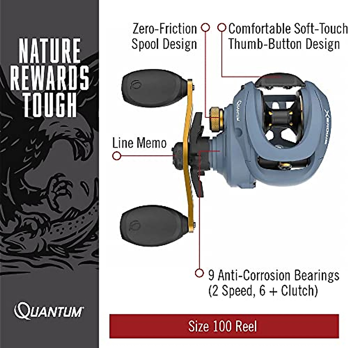 Quantum Smoke X Baitcast Reel and Fishing Rod Combo, 7-Foot 2-Inch 1-Piece EGC4 Composite Cranking Fishing Pole with Split-Grip EVA Rod Handle, Right-Hand Retrieve, Blue