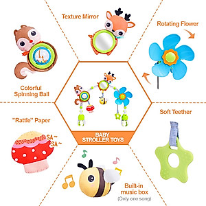 Koty Baby Stroller Arch Toy with Teether, Rattle, Crinkle Sound, Mirror & Music Box, Newborns Sensory Activity Carrier Take-Along Toy, Adjustable for Bouncers, Car Seat & Pram 0M+(Deer)