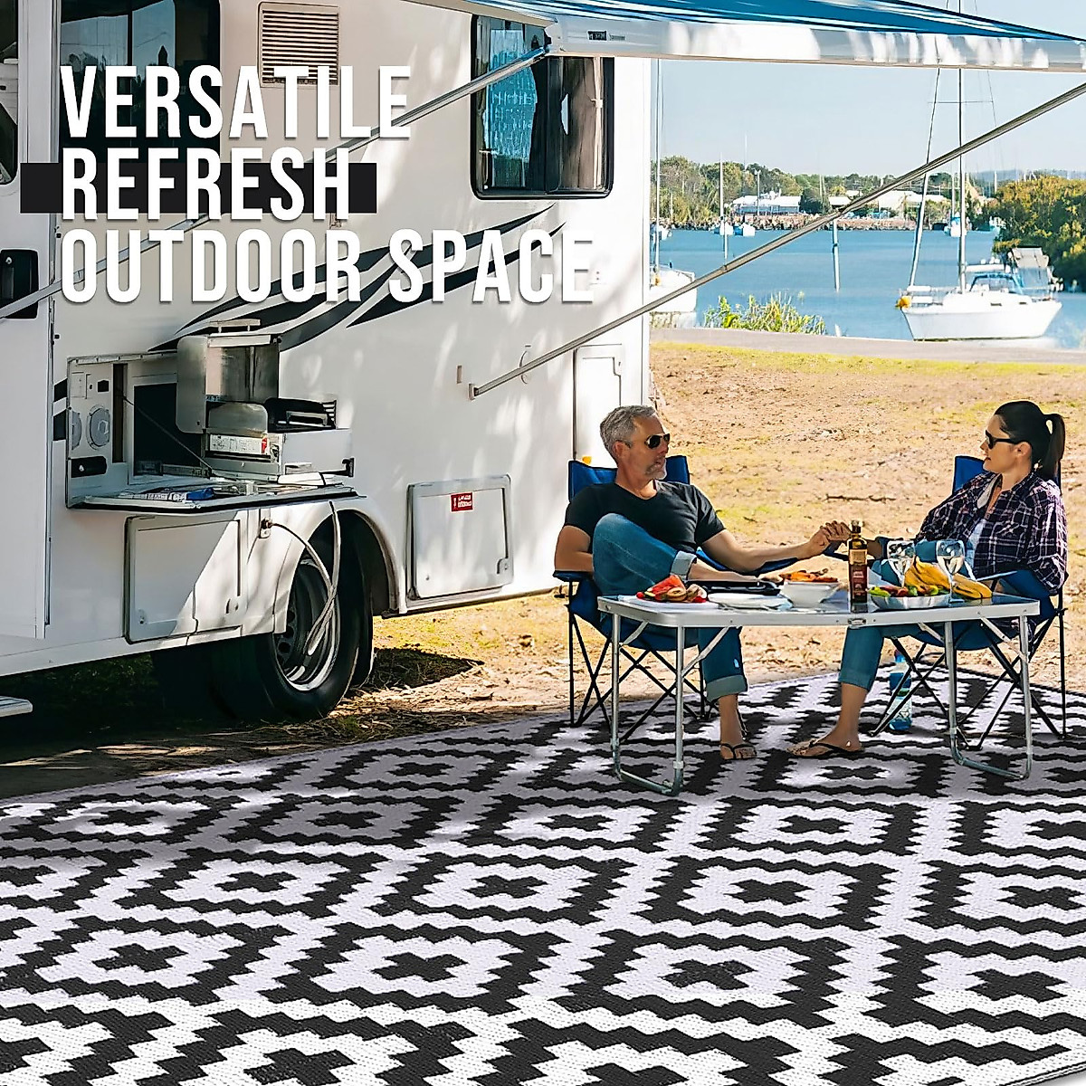 OLANLY Waterproof Outdoor Rug 5x8 ft, Reversible Plastic Straw Patio Rug for Camping, RV Mat Outside, Indoor Outdoor Carpet for Porch, Deck, Backyard, Camper, Balcony, Picnic, Black & White