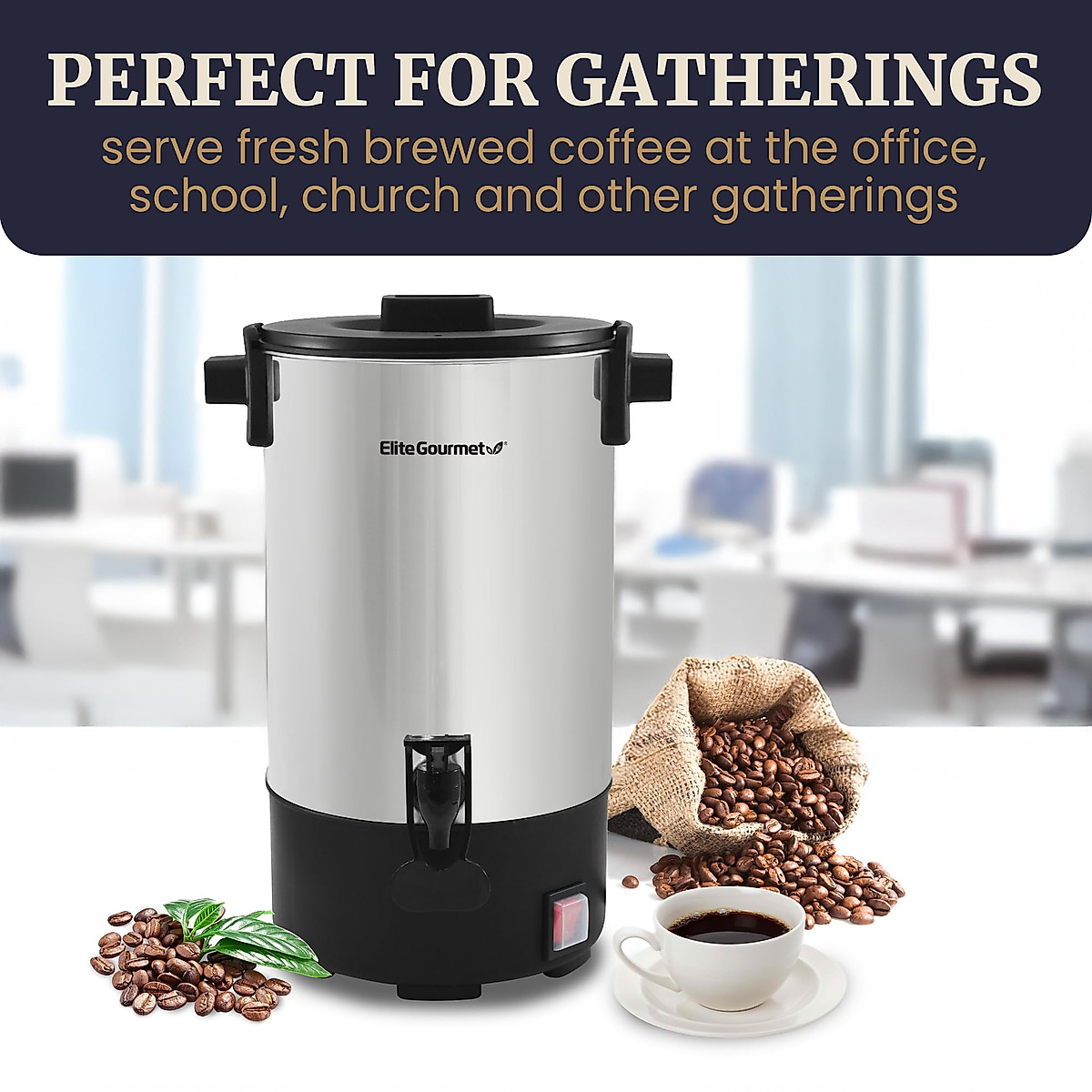 Elite Cuisine CCM-035 Maxi-Matic 30 Cup Electric Coffee Maker Urn, Removable Filter For Easy Cleanup, Two Way Dispenser with Cool-Touch Handles, Stainless Steel