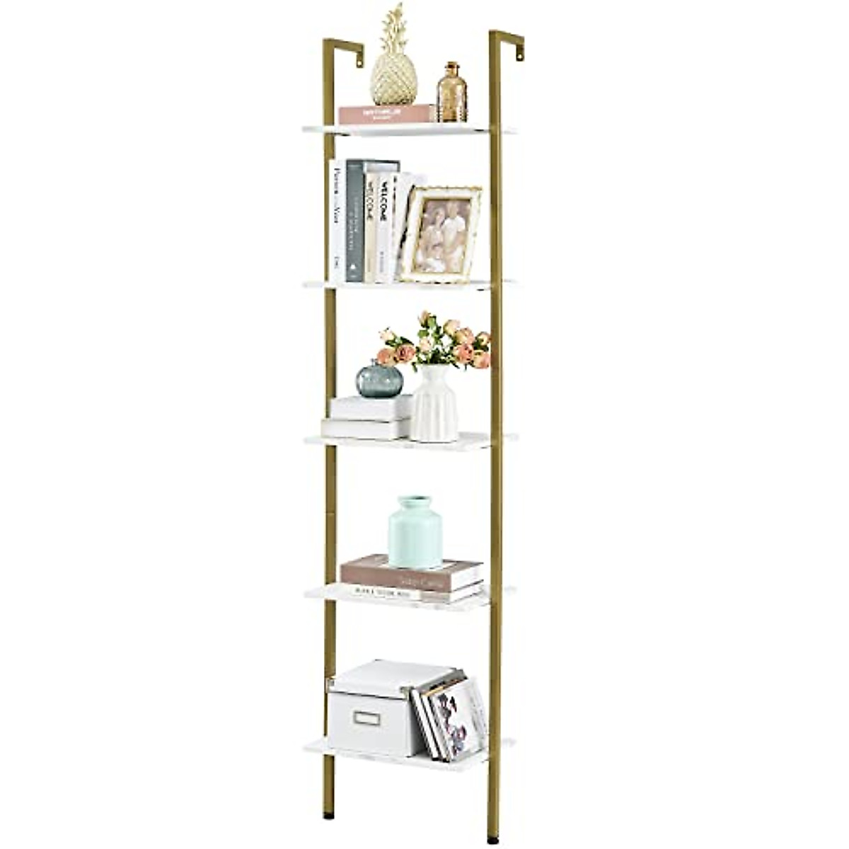 Tajsoon Industrial Bookcase, Ladder Shelf, 5-Tier Wood Wall Mounted Bookshelf with Stable Metal Frame, Open Display Rack, Storage Shelves for Bedroom, Home Office, Plant Flower, White & Gold