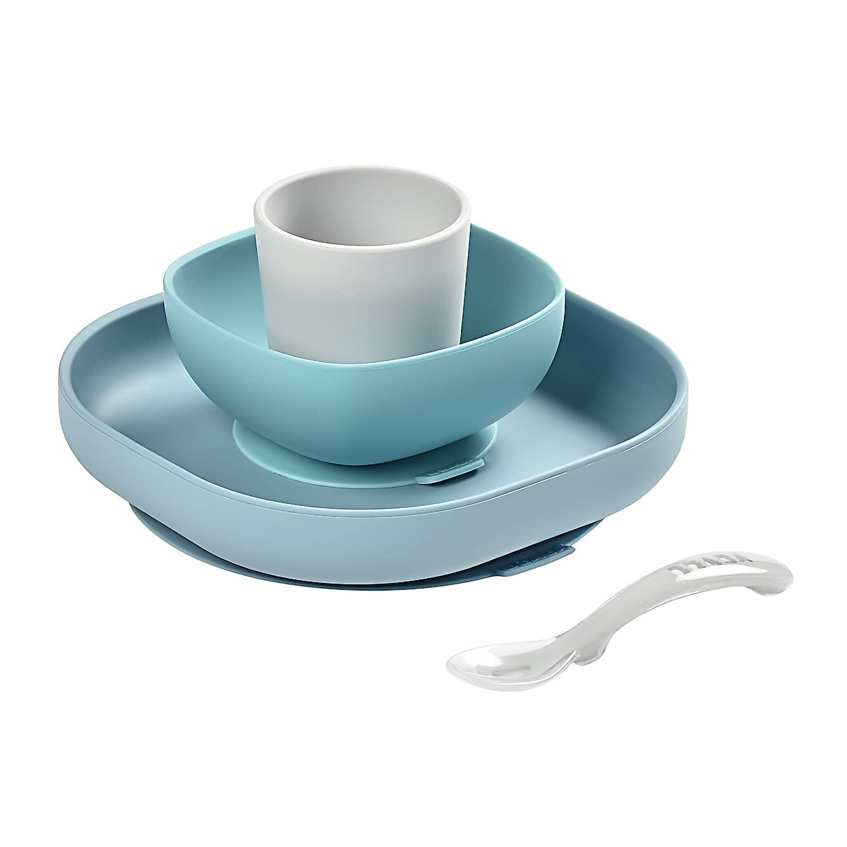 BEABA Silicone 4 Piece Baby Feeding Set, Suction Plates for Baby, Includes Plate, Bowl, Cup, 2nd Stage Silicone Spoon, High Grade Food Safe Silicone, Rain