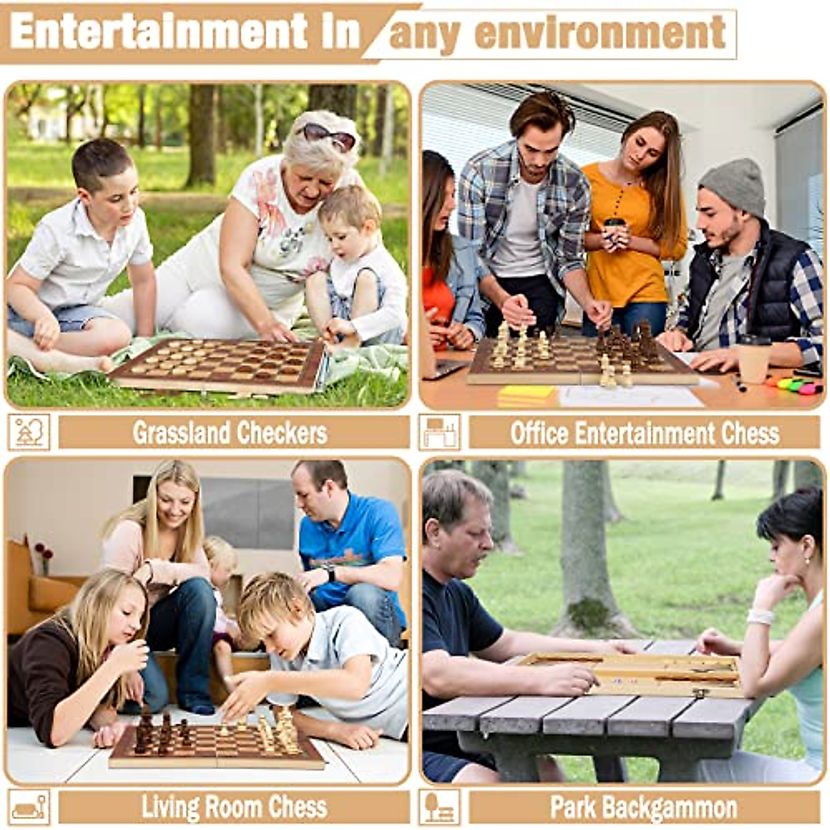 Chess Checkers Backgammon 3-in-1 Board Games Sets, Wooden Chess Set for Adults & Kids, 17.2" Lightweight Checkers Board Game,Strategy Backgammon Sets for Adults, Travel Chess Board Game Pieces Storage