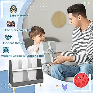 Qaba Kids Bookcase, 2 Tier Toddlers Toy Storage Organizer, Children Book Shelf with 5 Compartments, Anti-tip Device, Pine Wood Legs for Nursery, Playroom, Classroom, Gray