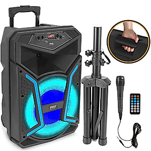 PYLE Portable Bluetooth PA Speaker System - 1200W Outdoor Bluetooth Speaker Portable PA System w/ Microphone In, Party Lights, MP3/USB SD Card Reader FM Radio, Rolling Wheels - Mic, Remote PPHP152SM