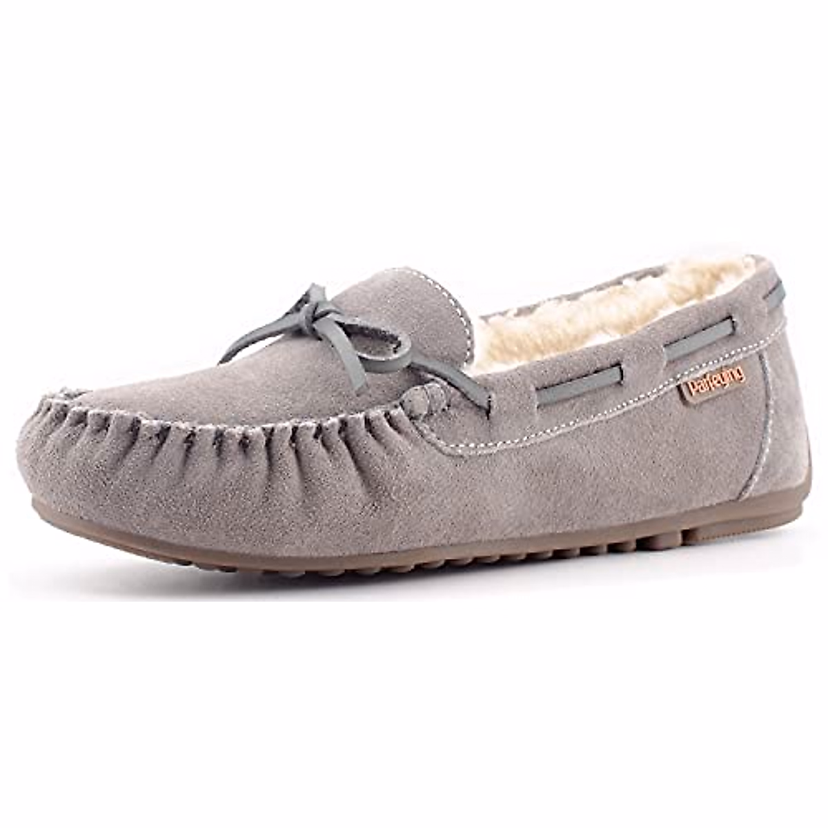 Parfeying Women's Sheepskin Moccasins Cow Suede Memory Foam Slippers Indoor Outdoor Shearling Winter Shoes,L20101 Grey 5US