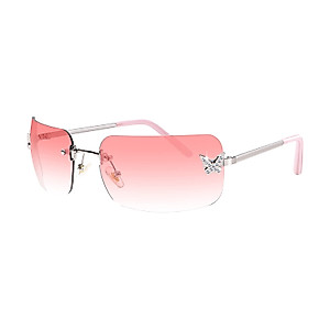 Rectangle Y2k Sunglasses for Women,Trendy Rimless Gradient Pink Sunglasses Retro Square Vintage Shades