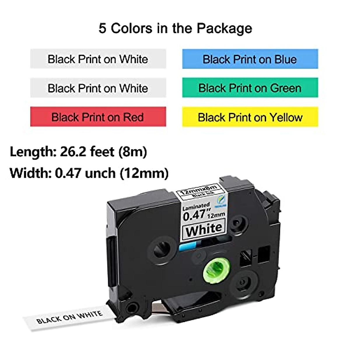 Techlink TZc-231 TZe 131 Compatible with Brother Label Maker Tape Laminated P Touch PT-D210 PT-H110 PT-D220 PTD400 PTD410 Label Tabe Maker 12mm x 8m (6 pcs White/Clear/Yellow/Red/Green/Blue Package)