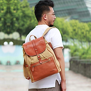 Banuce Canvas Leather Backpack for Men Women Casual Travel Daypack Knapsack Outdoor Rucksack