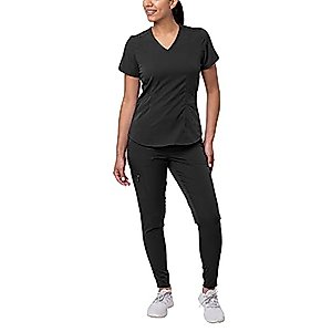 Adar Pro Modern Athletic Scrub Set for Women - Modern V-Neck Scrub Top & Yoga Jogger Scrub Pants - P9500 - Black - M