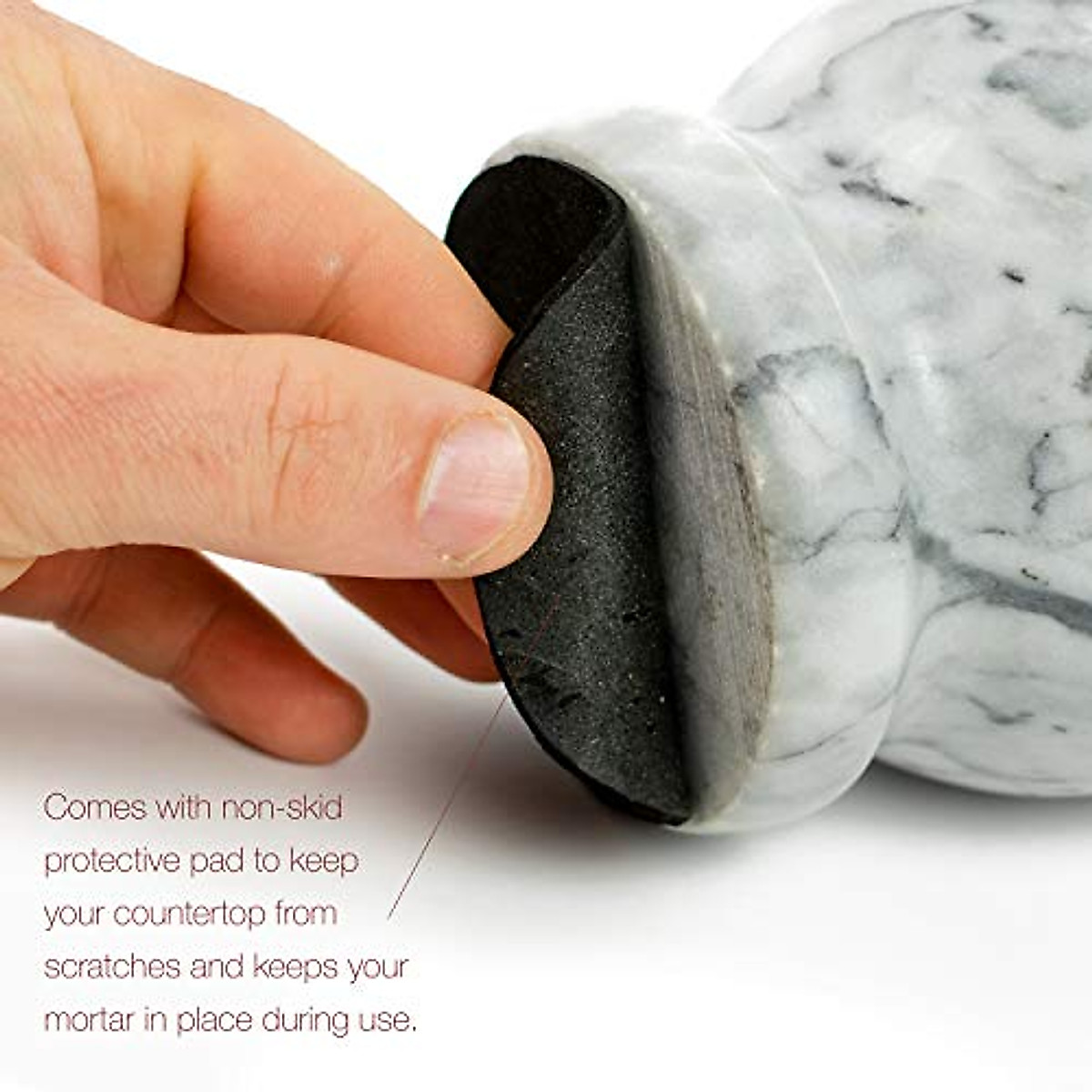 Marble Mortar and Pestle Set - Beautiful Polished White and Grey Veined Marble Mortar and Pestle Set with Garlic Peeler and Anti Scratch, Anti Skid Protective Pad