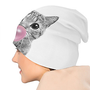 Animal Cute Cat Pink Bubble Gum Art Baggy Slouchy Beanie Chemo Hat Cancer Headwear Knitted Hats Scarf Nightcap for Women Men