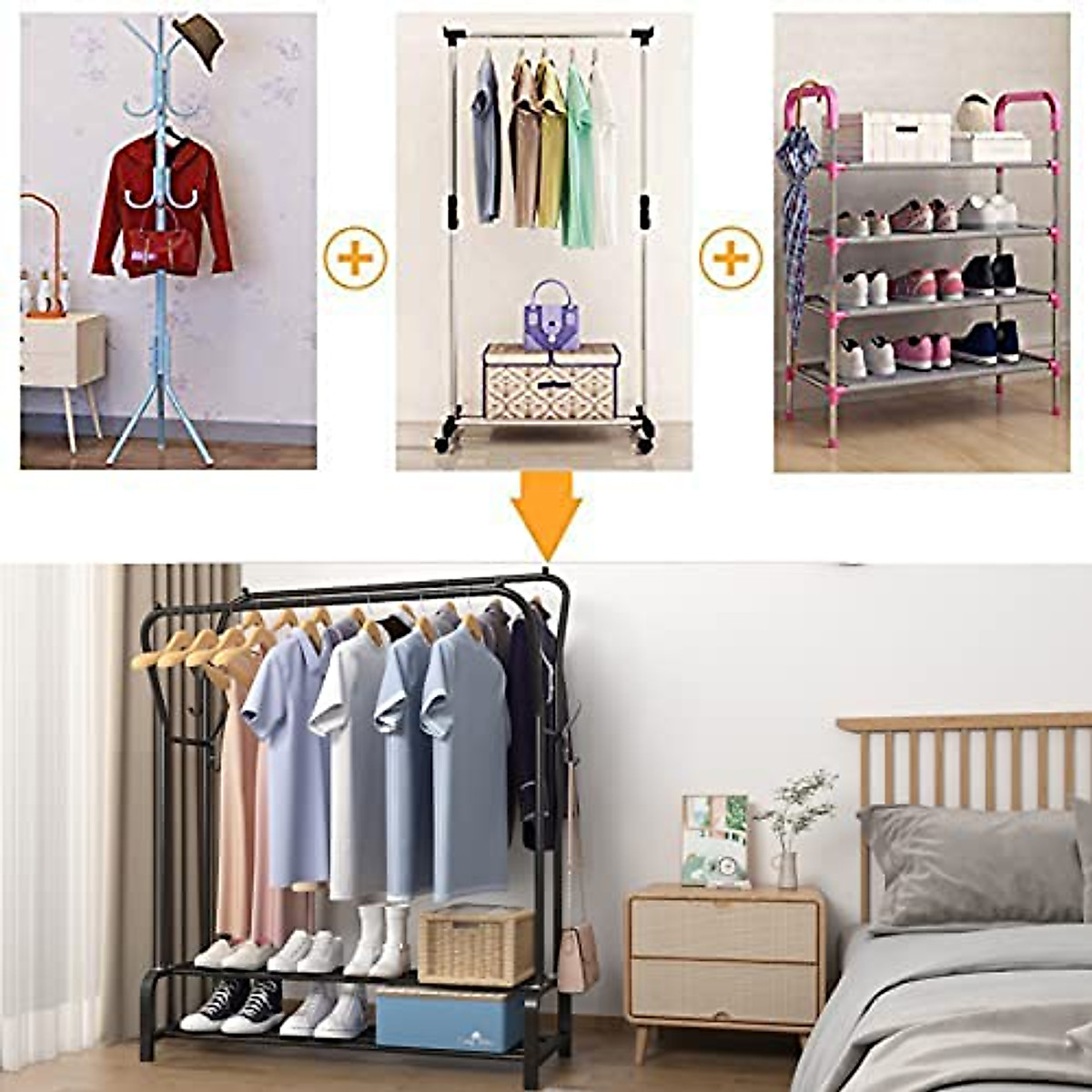 ACCSTORE Garment Rack Clothes Rack Freestanding Hanger Double Rails Bedroom Clothing Rack with 2-Tier Lower Storage Shelf,Black