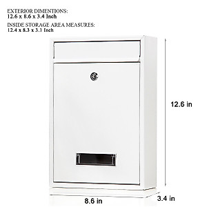 Locking Mailboxes Wall Mounted Vertical – Jssmst Key Lock Mail Box Medium Capacity Galvanized Steel Cover Rust-Proof Metal Post Box, 12.6 x 8.5 x 3.4 Inch, White，SM-0604L