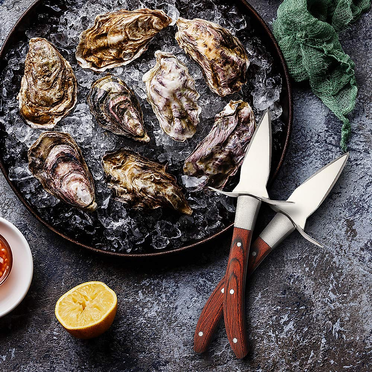 WENDOM Oyster Shucking Knife Pakka Wood Handle Oyster Shucker Opener Tool with Full Tang Blade, 2Knives+ Leather Sheath+Cut Resistant Gloves