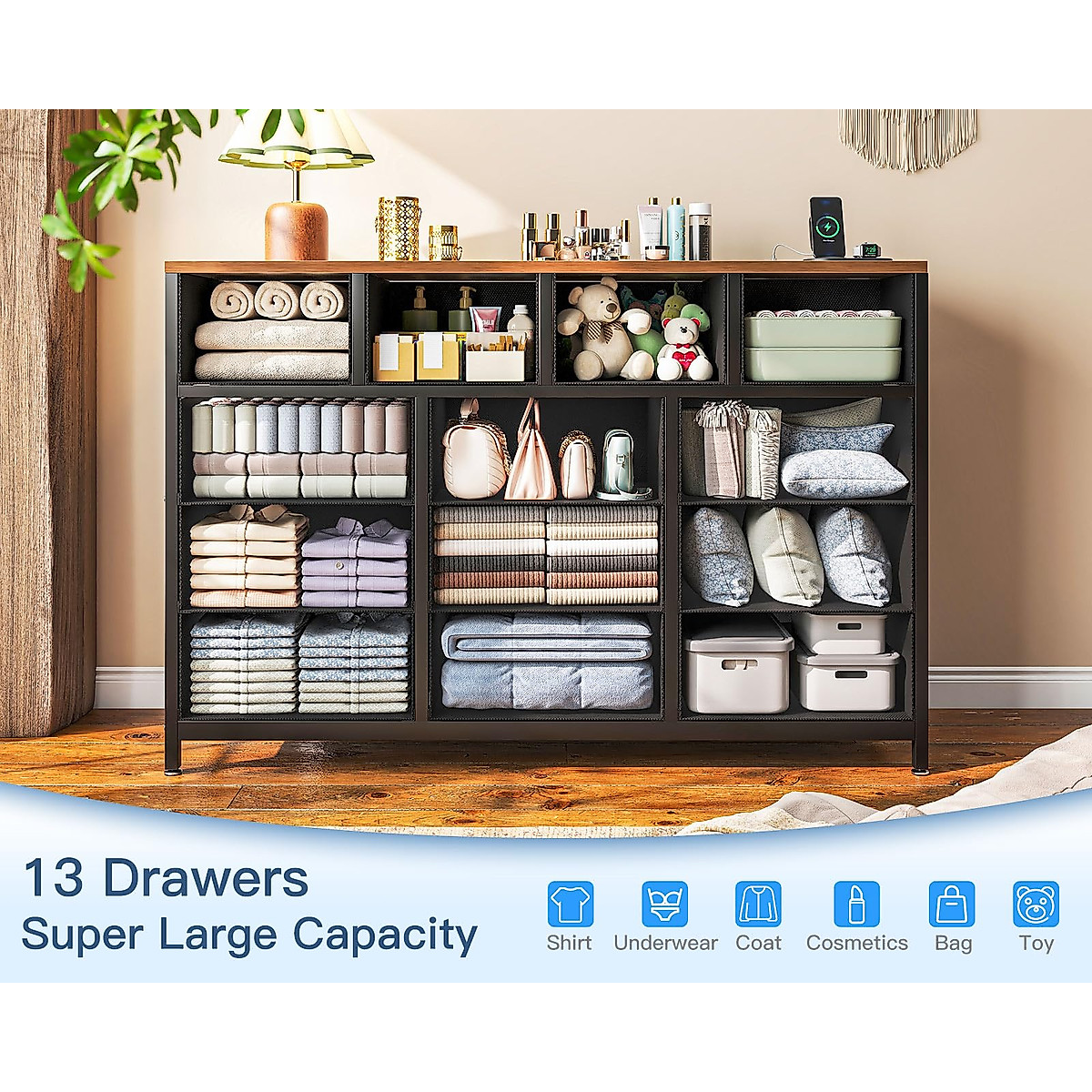 Casaottima Dresser for Bedroom with Charging Station, 57" Long Dresser with 13 Storage Drawers, Large Fabric Dressers Chests of Drawers with Shelves, Black and Vintage