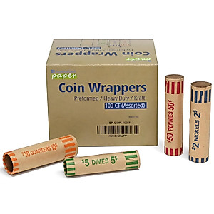 100pcs Assorted Heavy Duty Preformed Coin Wrappers Rolls - Quarters, Pennies, Nickels and Dimes (Total 100 pcs)
