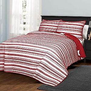 Lush Decor Red Star Quilt-Reversible 2 Piece Pattern Striped Bedding Set with Pillow Shams, Twin