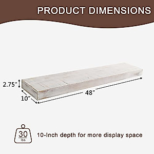 JOLLYMER 10" Deep Floating Shelves Rustic Wall Mounted Wooden Shelves for Bedroom, Bathroom, Living Room (Washed White,48 Inch)