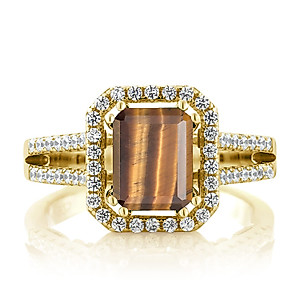 Gem Stone King 18K Yellow Gold Plated Silver Emerald Cut Brown Tiger Eye Women Ring (2.78 Cttw, Gemstone Birthstone, Available In Size 5, 6, 7, 8, 9)