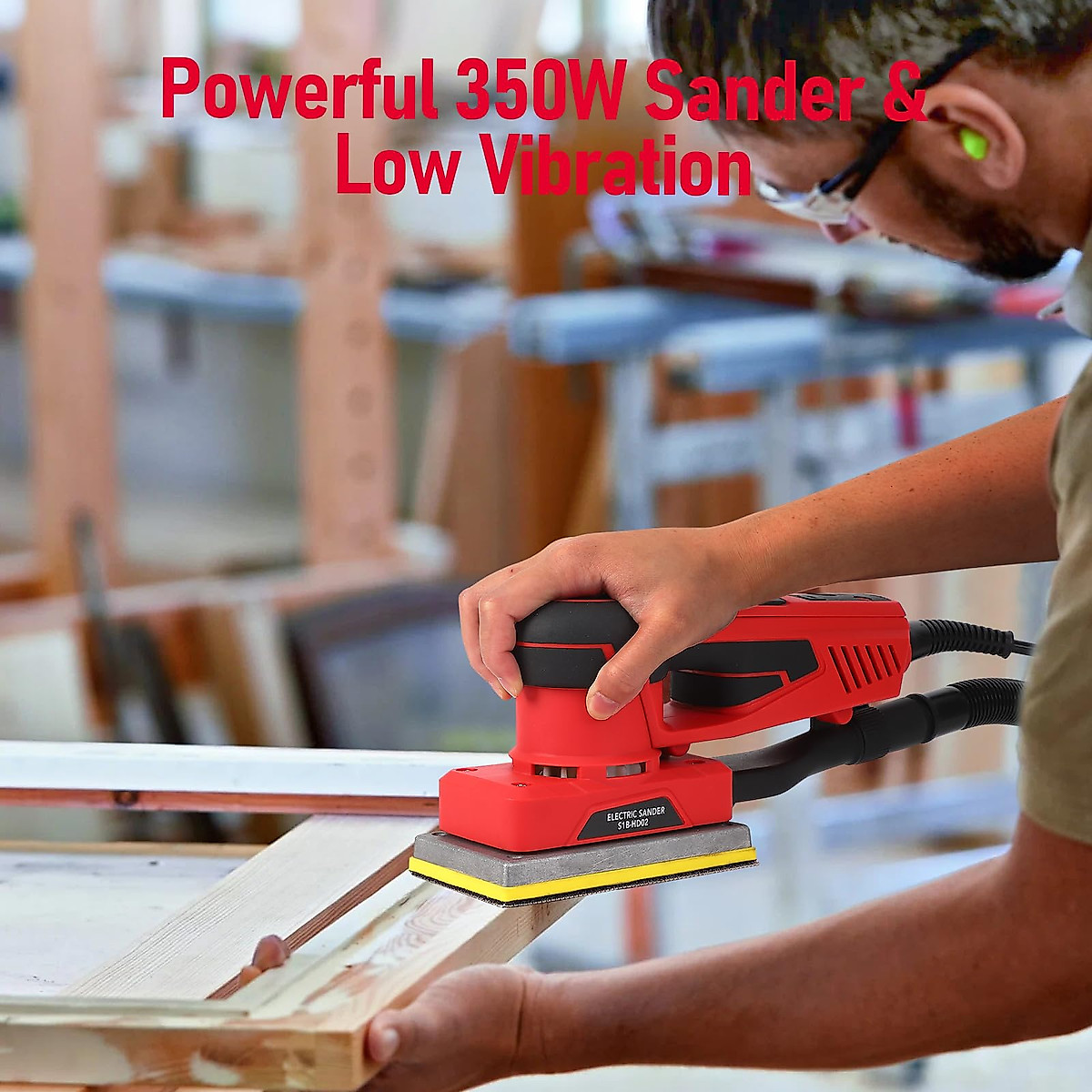 PioneerWorks Sheet Sander with 12 Sanding Paper, 350W Brushless Motor Finishing Sander, Powerful & Low Vibration, 10000 RPM, For Wood working, Polishing,Carpentry