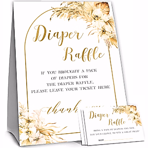 50 Diaper Raffle Tickets and 1 Self-standing Diaper Raffle Sign, Boho Pampas Grass Dried Flower Baby Gender Reveal Party Supplies, Gender Neutral Baby Shower Decorations - LBLK-009