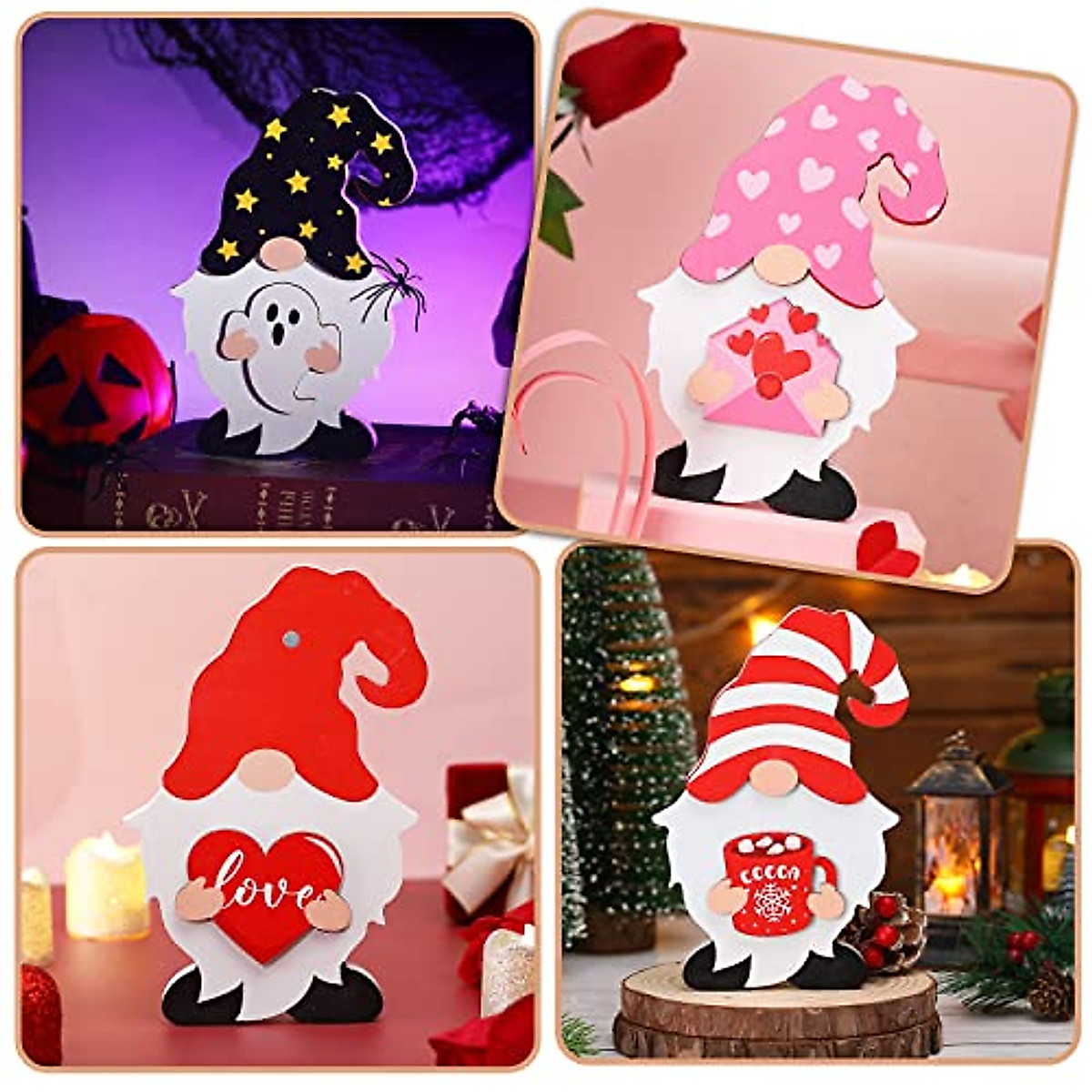 Qunclay Interchangeable Easter Wooden Gnome Decor Holiday Seasonal Tiered Tray Decoration with 24 Magnet Swappable Pieces and 8 Detachable Hats Gnome Changeable Welcome Sign for Home