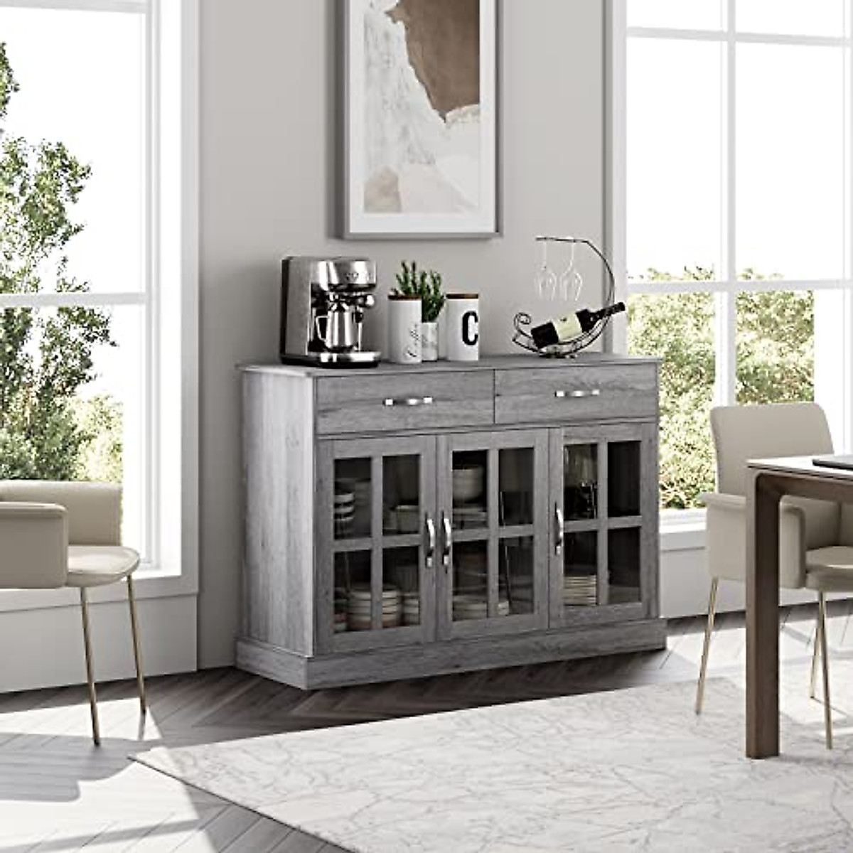FOTOSOK Sideboard Buffet Cabinet with Glass Doors, Buffet Sideboard Kitchen Sideboard Cabinet Buffet Table with 2 Storage Drawers & Shelves for Dining Living Room, Gray Oak