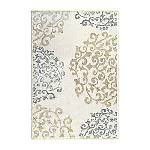 BNM Washable Indoor Runner Area Rug, Nylon Floor Throw for Living Room, Dining/Kitchen, Office, Nursery, Entryway, Vintage Decor, Soft Aesthetic Rugs, Medallion Floral Pattern, 2' x 3', Ivory