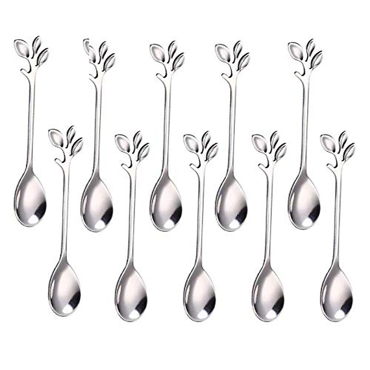 Stainless Steel Leaf Coffee Spoon, SZBAIDEKJ 10 Pcs Creative Tableware Dessert Spoons, Stirring, Mixing, Sugar, Stir, Ice Cream Teaspoon Set (Silver)