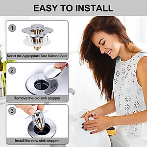 Hertone Universal Bathroom Sink Stopper, for 1.08-1.5 Inch Sink Drain Hole, High-Grade Pop Up Sink Drain Strainer Plug, Anti-Clog, with Hair Catcher Filter Basket, All Brass Metal, Polished Chrome