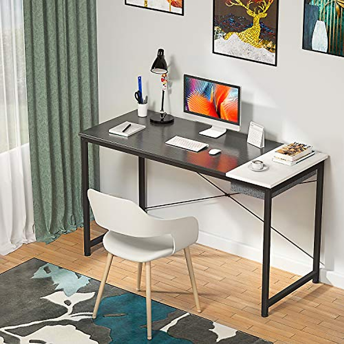 Foxemart Computer Desk, 47 Inch Study Writing Desk for Home Office Workstation, Modern Simple Style Laptop Table with Storage Bag/Drawer, Black and White