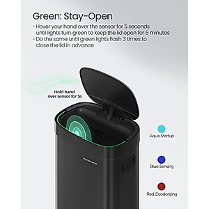 SONGMICS Kitchen Trash Can, 17.2-Gallon (65 L) Motion Sensor Garbage Can, Stainless Steel Trash Bin, Ozone Odor Control, Stay-Open, Ink Black ULTB660B01