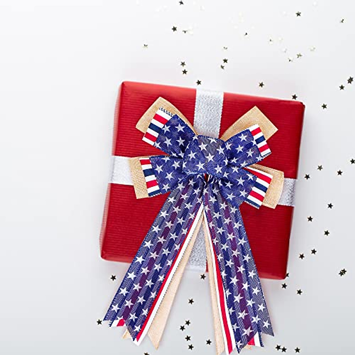 Patriotic Burlap Ribbon Wired 4th of July Red White Blue Star Ribbons American Flag Ribbon for Memorial Day, Veteran's Day, 2-1/2 inch 5 Yards*3 Rolls