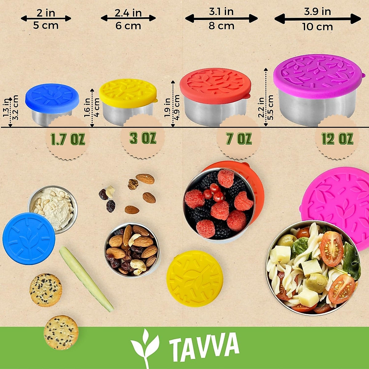 TAVVA 4X3oz Stainless Steel Mini Containers with Lids - Stainless Steel Food Storage, Small Containers for Lunch Boxes