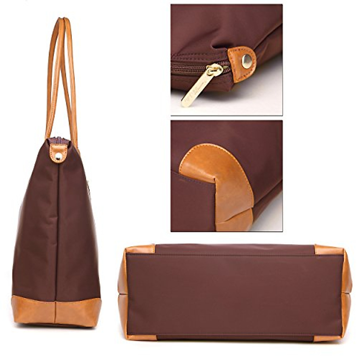 NNEE Nylon Tote Bag With Faux Leather Trim & Multiple Pocket Design (Brown)
