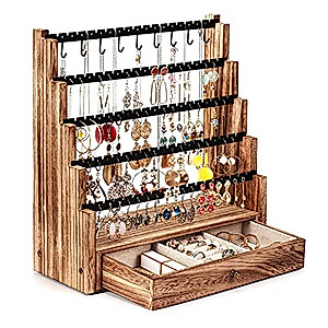 Earring Organizer, 5 Layer Earring Holder Organizer with Metal Necklace Holder Pole, Rustic Wood Jewelry Organizer Stand Display for Stud Earring Bracelet Necklace Ring, 175 Earring Holes (Brown)